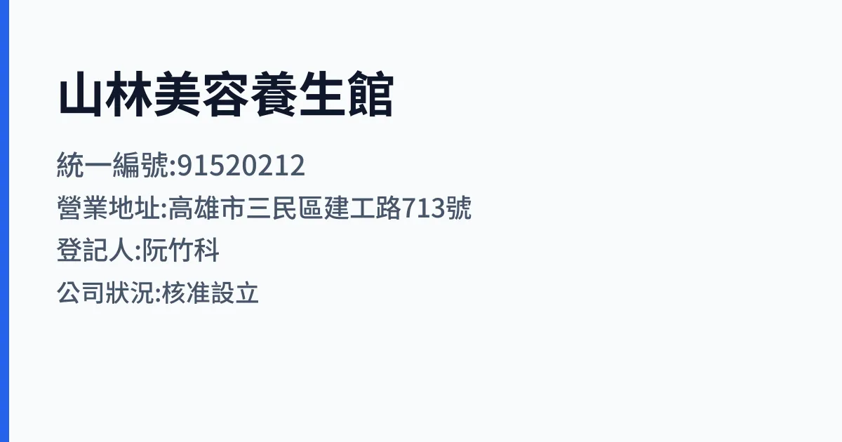 山林美容養生館 - 統編 91520212(高雄市) 公司登記資料與營業項目詳細圖表