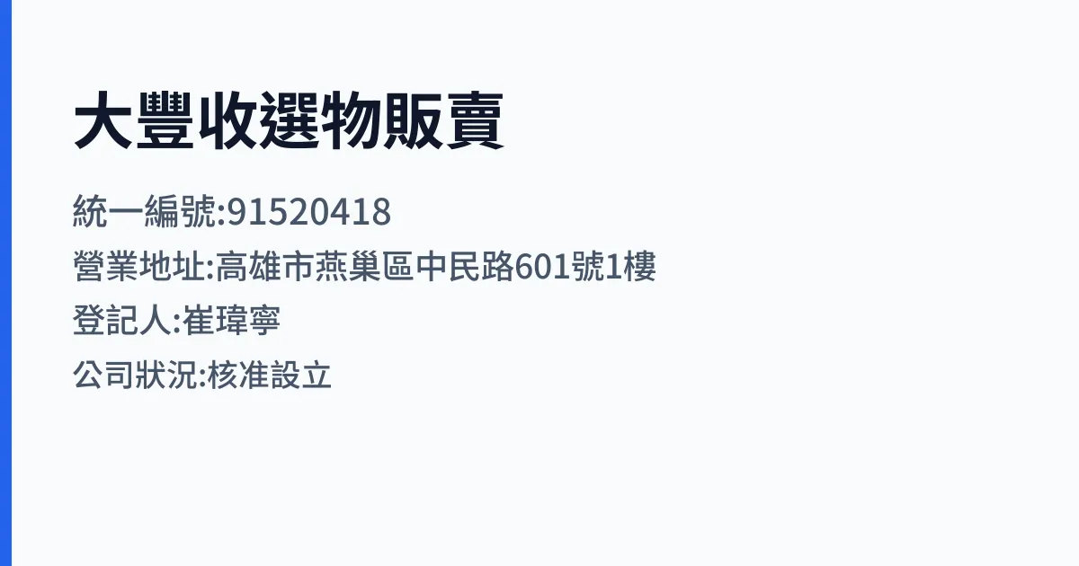 大豐收選物販賣 - 統編 91520418(高雄市) 公司登記資料與營業項目詳細圖表