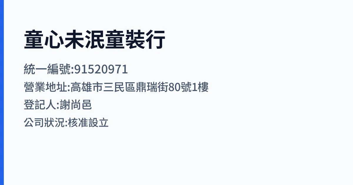童心未泯童裝行 - 統編 91520971(高雄市) 公司登記資料與營業項目詳細圖表