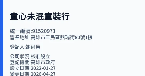 童心未泯童裝行的照片-統編 91520971(高雄市) 公司登記資料與營業項目詳細圖表