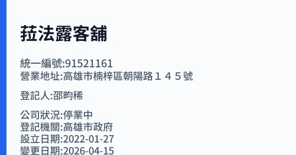 菈法露客舖的照片-統編 91521161(高雄市) 公司登記資料與營業項目詳細圖表