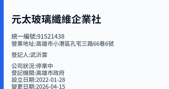 元太玻璃纖維企業社的照片-統編 91521438(高雄市) 公司登記資料與營業項目詳細圖表
