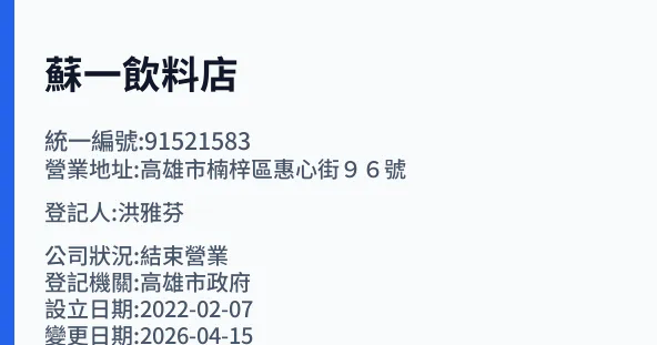 蘇一飲料店的照片-統編 91521583(高雄市) 公司登記資料與營業項目詳細圖表