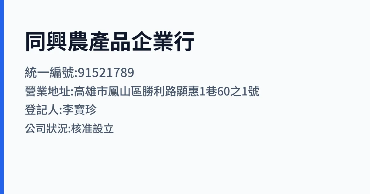 同興農產品企業行 - 統編 91521789(高雄市) 公司登記資料與營業項目詳細圖表
