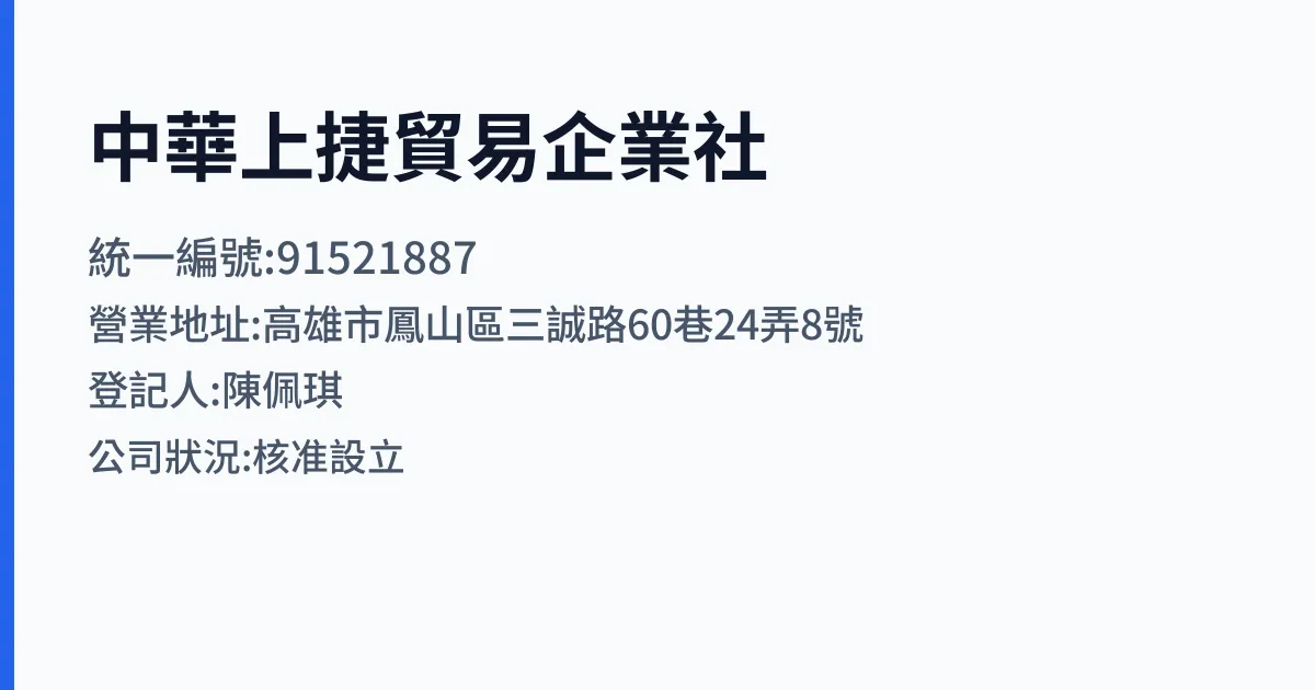 中華上捷貿易企業社 - 統編 91521887(高雄市) 公司登記資料與營業項目詳細圖表
