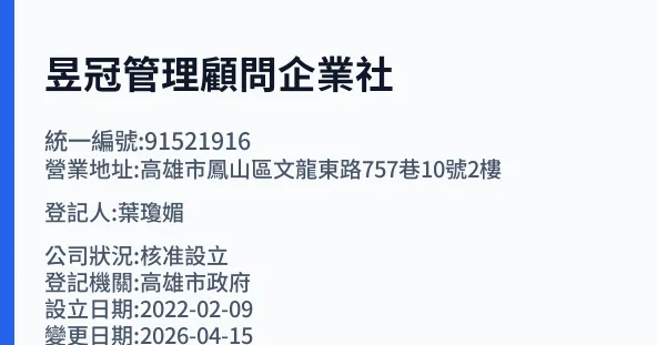 昱冠管理顧問企業社的照片-統編 91521916(高雄市) 公司登記資料與營業項目詳細圖表