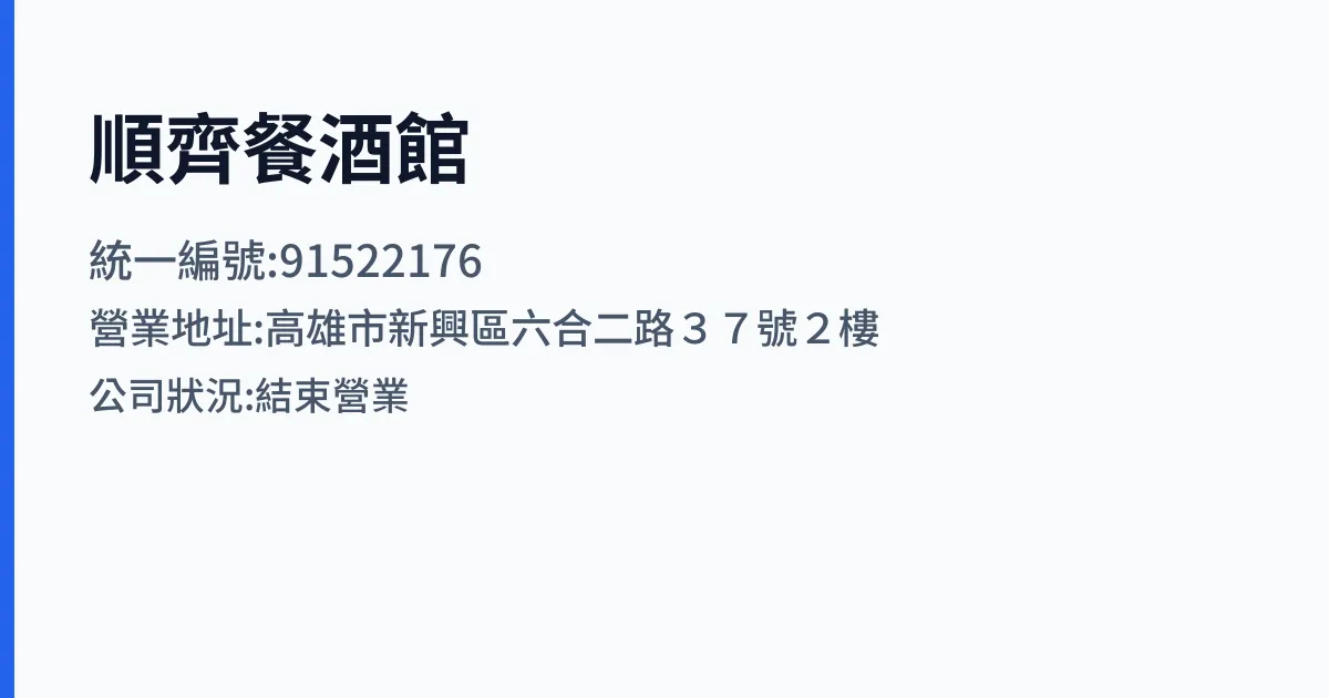順齊餐酒館 - 統編 91522176(高雄市) 公司登記資料與營業項目詳細圖表