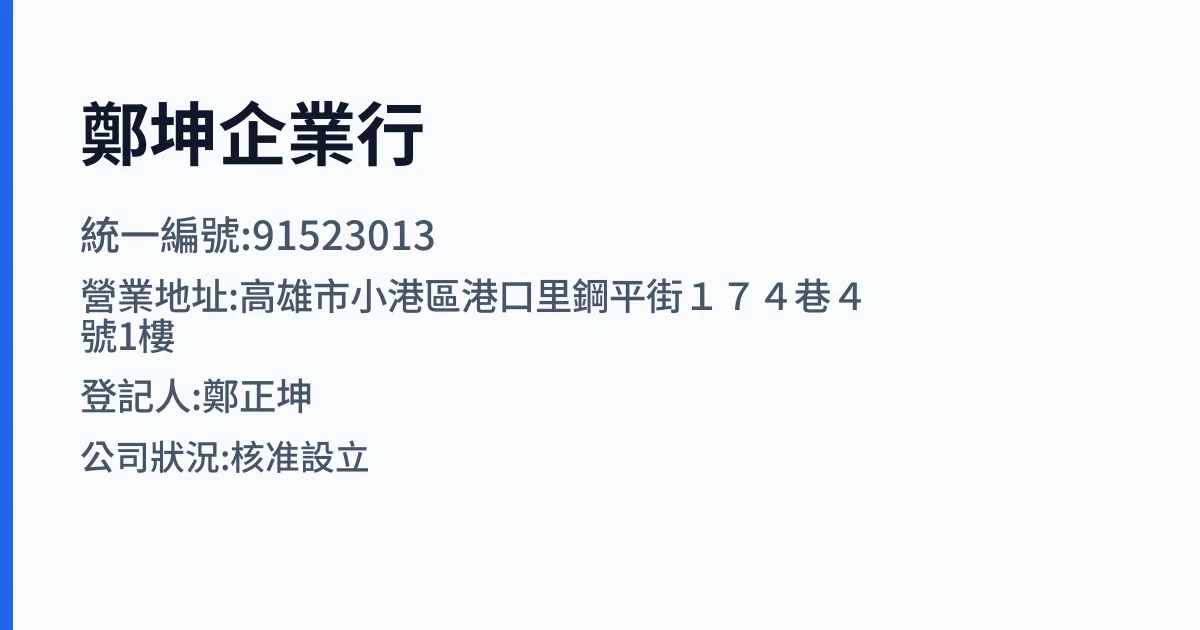 鄭坤企業行 - 統編 91523013(高雄市) 公司登記資料與營業項目詳細圖表
