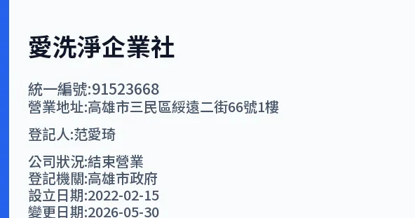 愛洗淨企業社的照片-統編 91523668(高雄市) 公司登記資料與營業項目詳細圖表