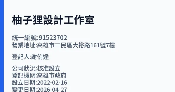 柚子狸設計工作室的照片-統編 91523702(高雄市) 公司登記資料與營業項目詳細圖表