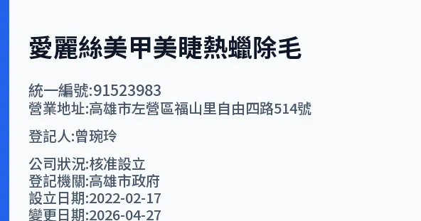 愛麗絲美甲美睫熱蠟除毛的照片-統編 91523983(高雄市) 公司登記資料與營業項目詳細圖表