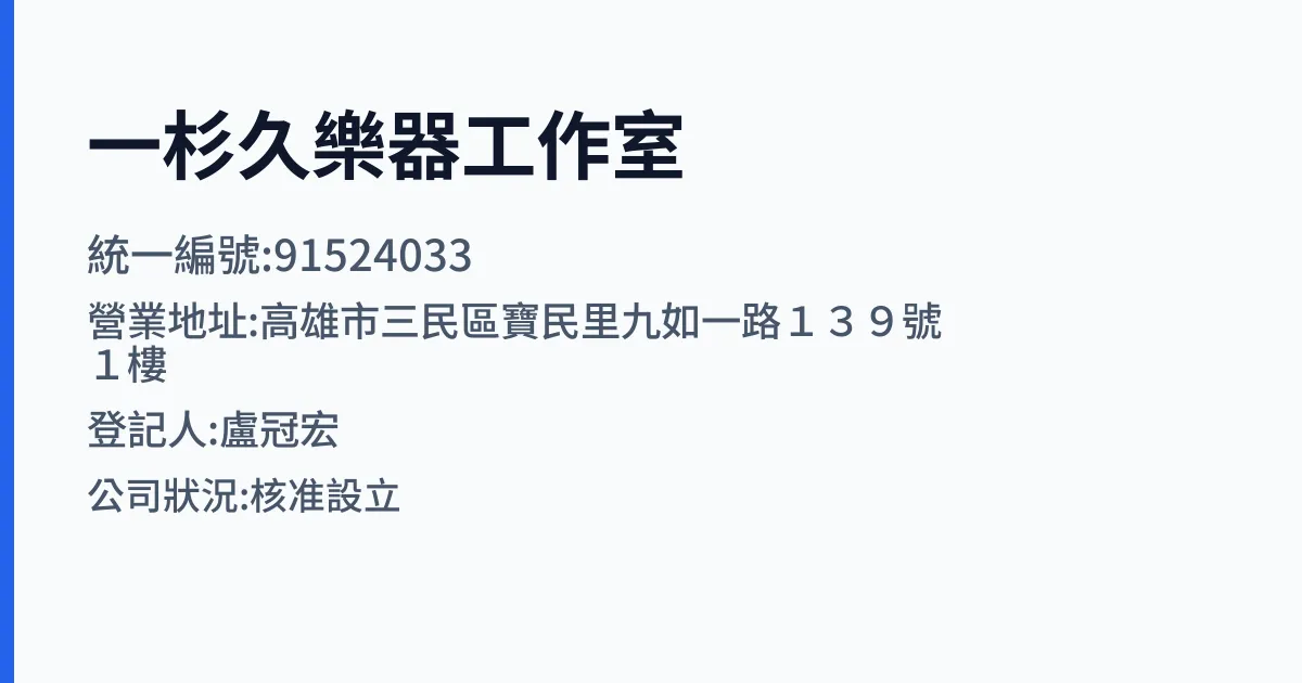 一杉久樂器工作室 - 統編 91524033(高雄市) 公司登記資料與營業項目詳細圖表
