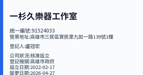 一杉久樂器工作室的照片-統編 91524033(高雄市) 公司登記資料與營業項目詳細圖表
