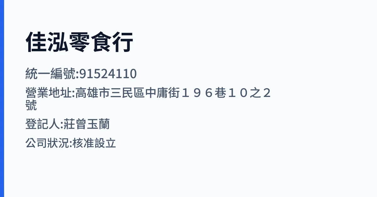 佳泓零食行 - 統編 91524110(高雄市) 公司登記資料與營業項目詳細圖表