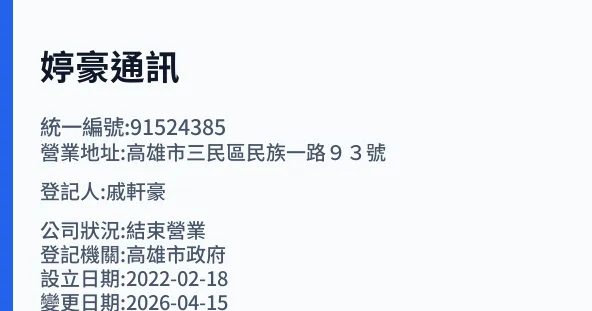 婷豪通訊的照片-統編 91524385(高雄市) 公司登記資料與營業項目詳細圖表