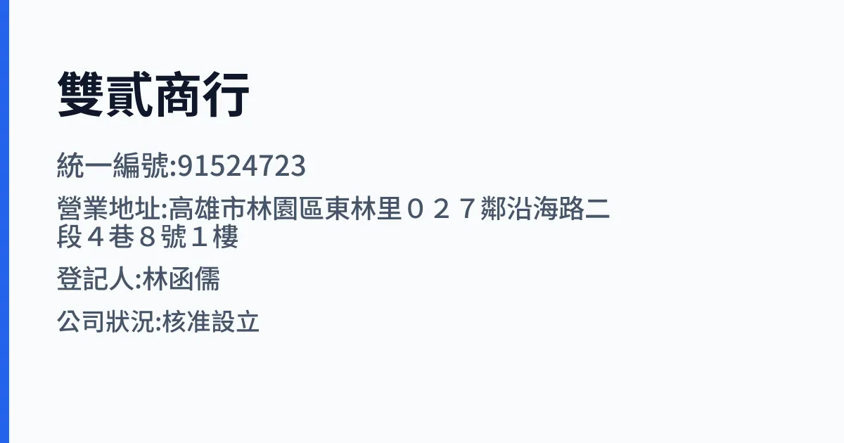 雙貳商行 - 統編 91524723(高雄市) 公司登記資料與營業項目詳細圖表