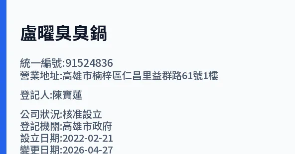 盧曜臭臭鍋的照片-統編 91524836(高雄市) 公司登記資料與營業項目詳細圖表
