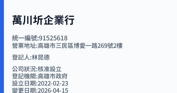 萬川圻企業行的照片-統編 91525618(高雄市) 公司登記資料與營業項目詳細圖表