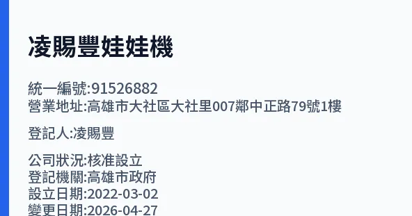 凌賜豐娃娃機的照片-統編 91526882(高雄市) 公司登記資料與營業項目詳細圖表