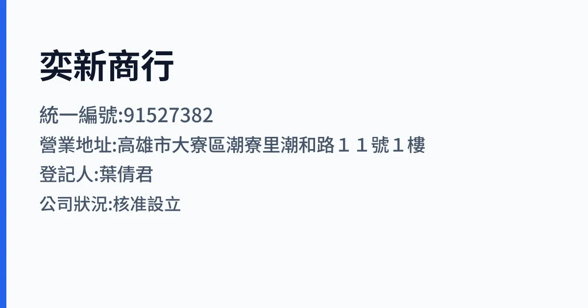 奕新商行 - 統編 91527382（高雄市） 公司登記資料與營業項目詳細圖表