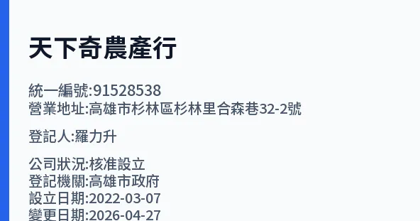 天下奇農產行的照片-統編 91528538(高雄市) 公司登記資料與營業項目詳細圖表