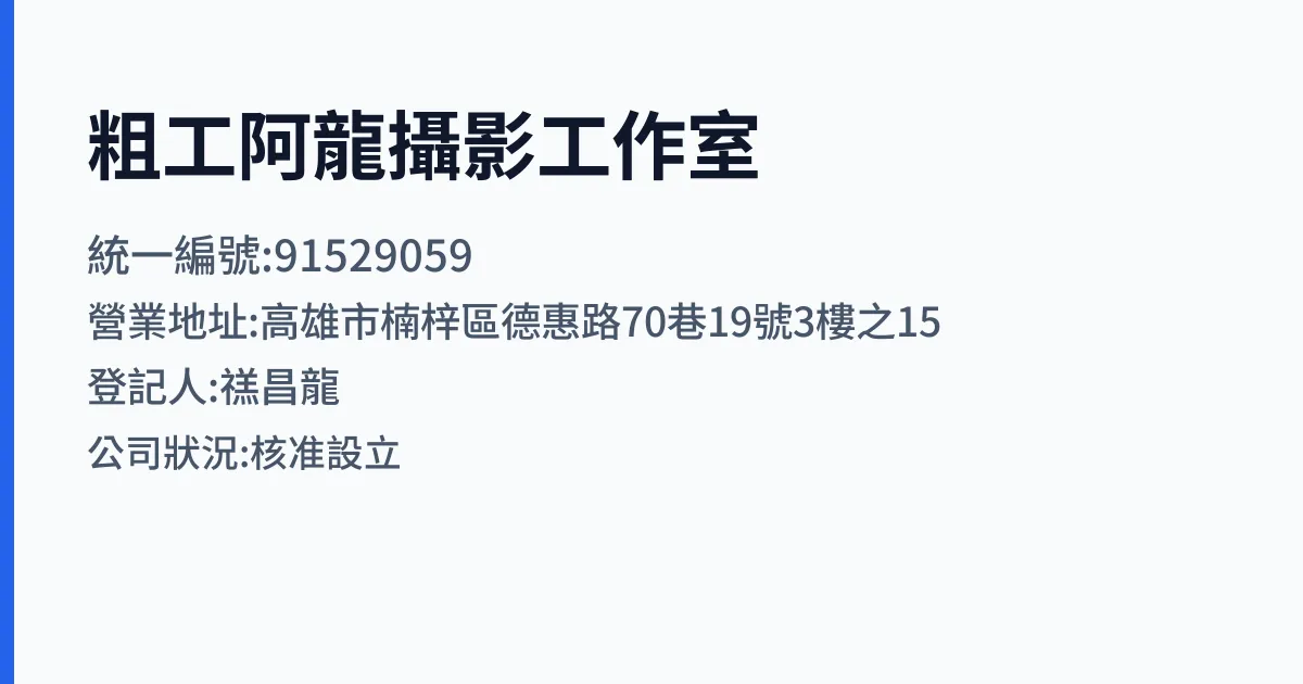 粗工阿龍攝影工作室 - 統編 91529059(高雄市) 公司登記資料與營業項目詳細圖表