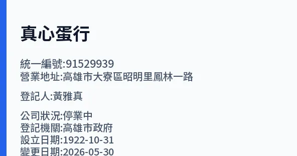 真心蛋行的照片-統編 91529939(高雄市) 公司登記資料與營業項目詳細圖表