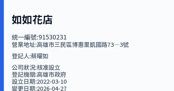 如如花店的照片-統編 91530231(高雄市) 公司登記資料與營業項目詳細圖表