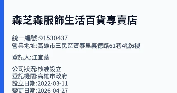 森芝森服飾生活百貨專賣店的照片-統編 91530437(高雄市) 公司登記資料與營業項目詳細圖表