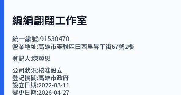 編編翩翩工作室的照片-統編 91530470(高雄市) 公司登記資料與營業項目詳細圖表