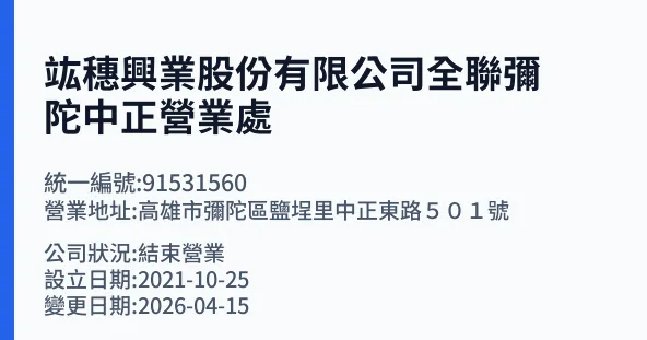 竑穗興業股份有限公司全聯彌陀中正營業處的照片-統編 91531560(高雄市) 公司登記資料與營業項目詳細圖表