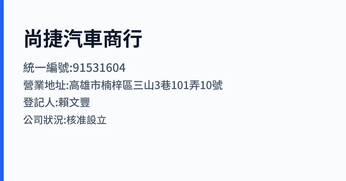 尚捷汽車商行 - 統編 91531604(高雄市) 公司登記資料與營業項目詳細圖表