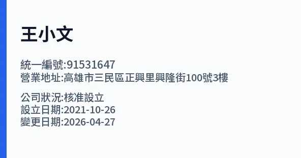 王小文的照片-統編 91531647(高雄市) 公司登記資料與營業項目詳細圖表