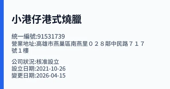小港仔港式燒臘的照片-統編 91531739(高雄市) 公司登記資料與營業項目詳細圖表