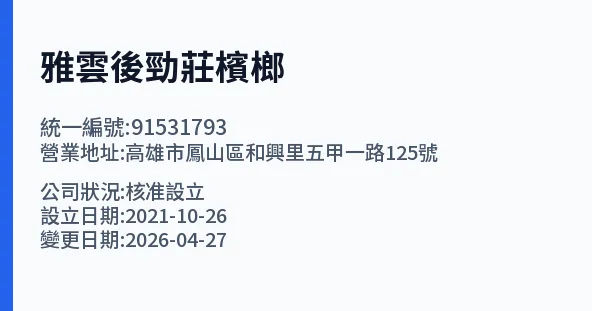 雅雲後勁莊檳榔的照片-統編 91531793(高雄市) 公司登記資料與營業項目詳細圖表