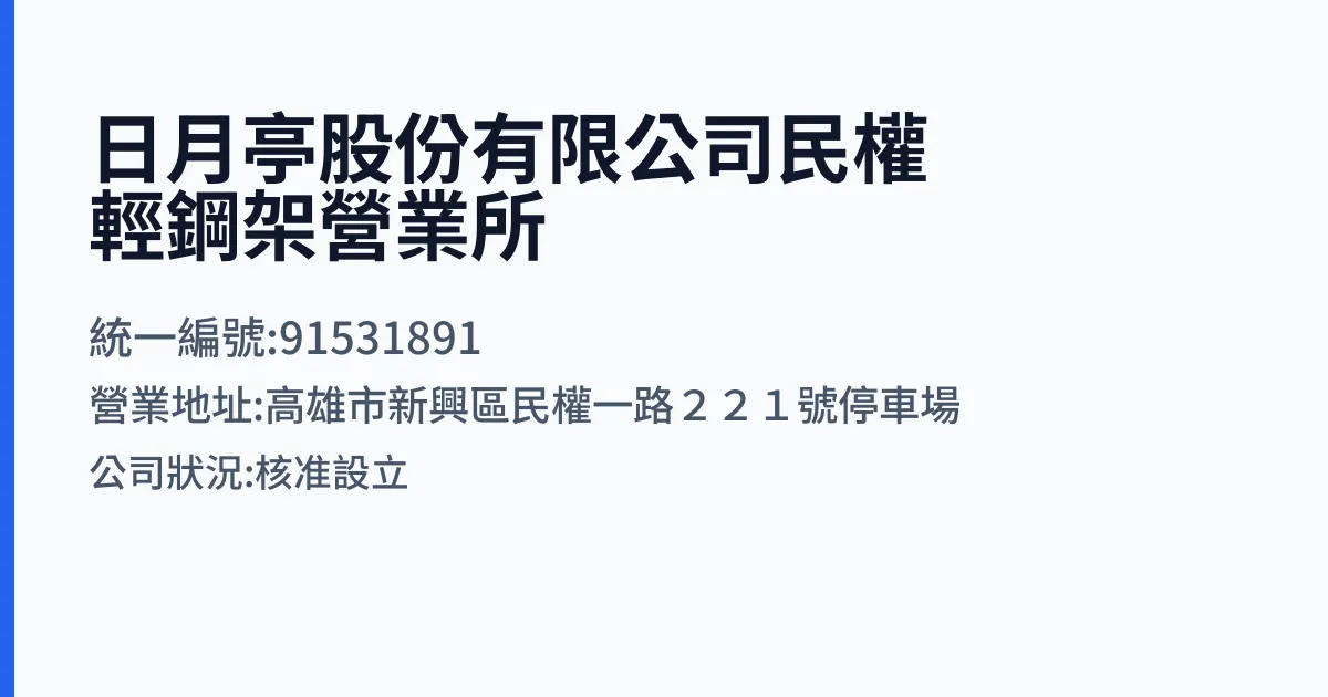 日月亭股份有限公司民權輕鋼架營業所 - 統編 91531891(高雄市) 公司登記資料與營業項目詳細圖表