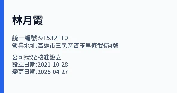 林月霞的照片-統編 91532110(高雄市) 公司登記資料與營業項目詳細圖表