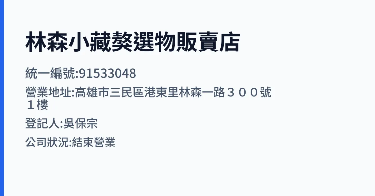 林森小藏獒選物販賣店 - 統編 91533048(高雄市) 公司登記資料與營業項目詳細圖表