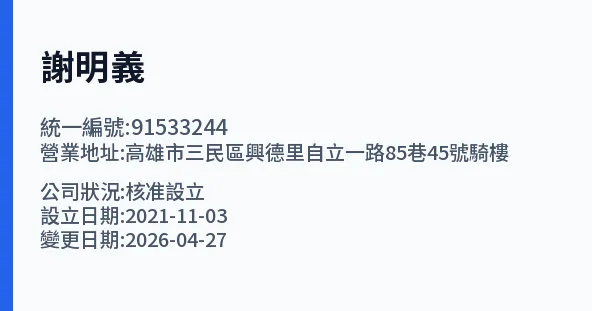 謝明義的照片-統編 91533244(高雄市) 公司登記資料與營業項目詳細圖表