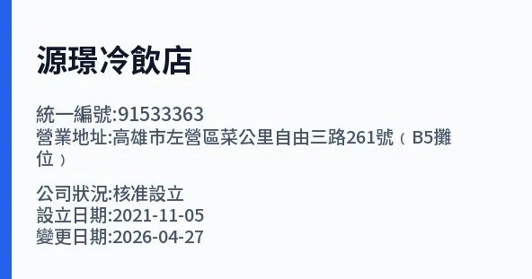 源璟冷飲店的照片-統編 91533363(高雄市) 公司登記資料與營業項目詳細圖表