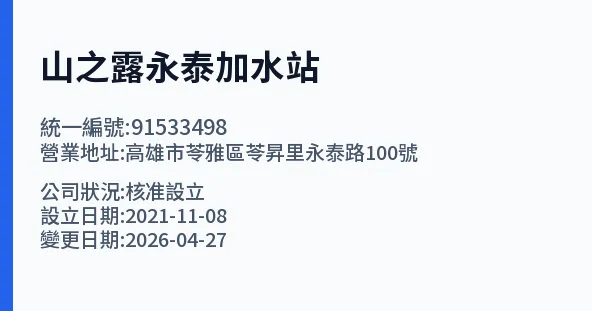 山之露永泰加水站的照片-統編 91533498(高雄市) 公司登記資料與營業項目詳細圖表