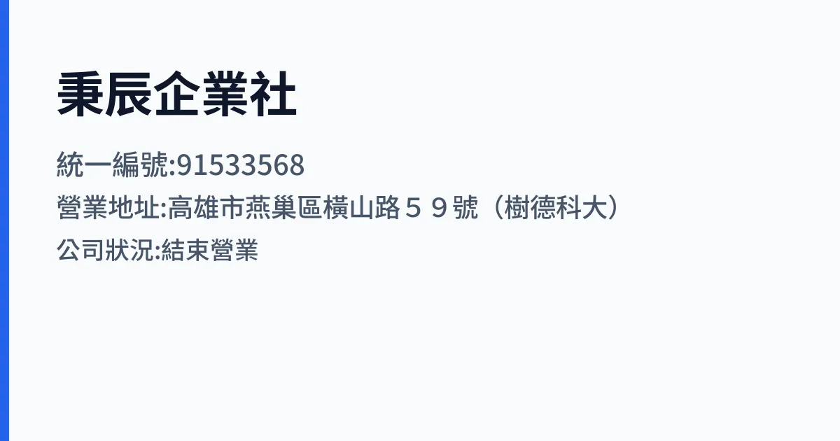 秉辰企業社 - 統編 91533568(高雄市) 公司登記資料與營業項目詳細圖表