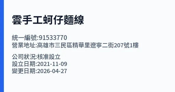 雲手工蚵仔麵線的照片-統編 91533770(高雄市) 公司登記資料與營業項目詳細圖表