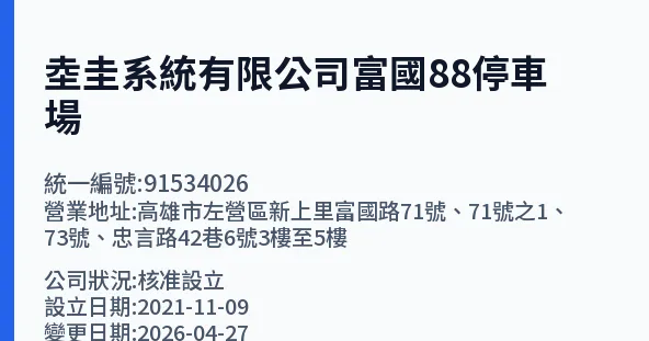 坴圭系統有限公司富國88停車場的照片-統編 91534026(高雄市) 公司登記資料與營業項目詳細圖表