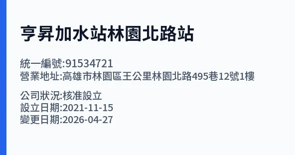 亨昇加水站林園北路站的照片-統編 91534721(高雄市) 公司登記資料與營業項目詳細圖表