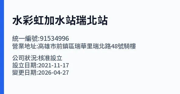 水彩虹加水站瑞北站的照片-統編 91534996(高雄市) 公司登記資料與營業項目詳細圖表