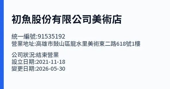 初魚股份有限公司美術店的照片-統編 91535192(高雄市) 公司登記資料與營業項目詳細圖表