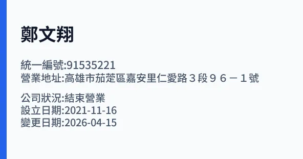 鄭文翔的照片-統編 91535221(高雄市) 公司登記資料與營業項目詳細圖表