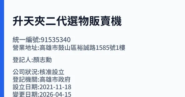 升天夾二代選物販賣機的照片-統編 91535340(高雄市) 公司登記資料與營業項目詳細圖表
