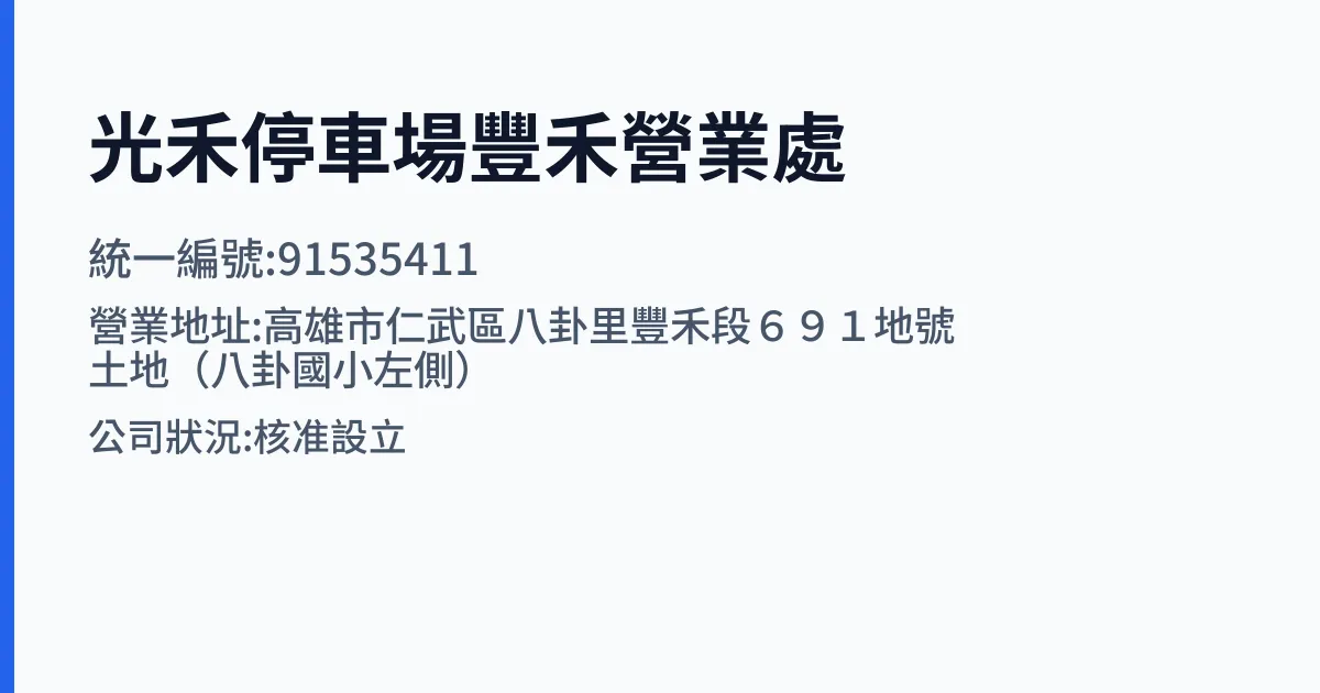 光禾停車場豐禾營業處 - 統編 91535411(高雄市) 公司登記資料與營業項目詳細圖表